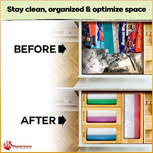 Mainstream Source® Bamboo Zip Bag Organizer Set – Baggie Organizer Set for Snacks and Sandwiches, Holds Quart & Gallon Ziplock Bags, Includes Bamboo Trivet