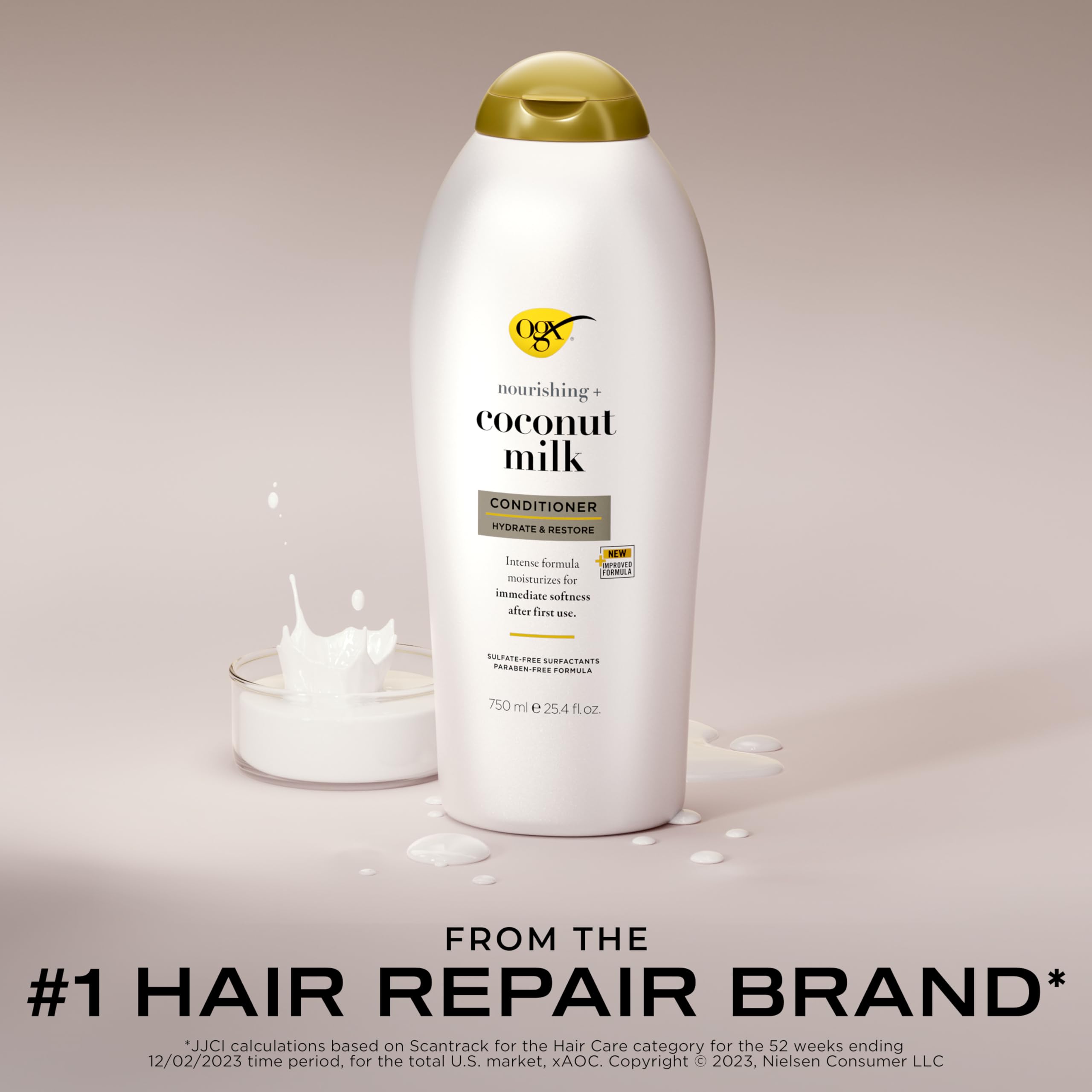 OGX Nourishing + Coconut Milk Conditioner, Hydrating & Restoring Conditioner Moisturizes for Soft Hair After the First Use, Paraben-Free, Sulfate-Free Surfactants, 25.4 fl. oz