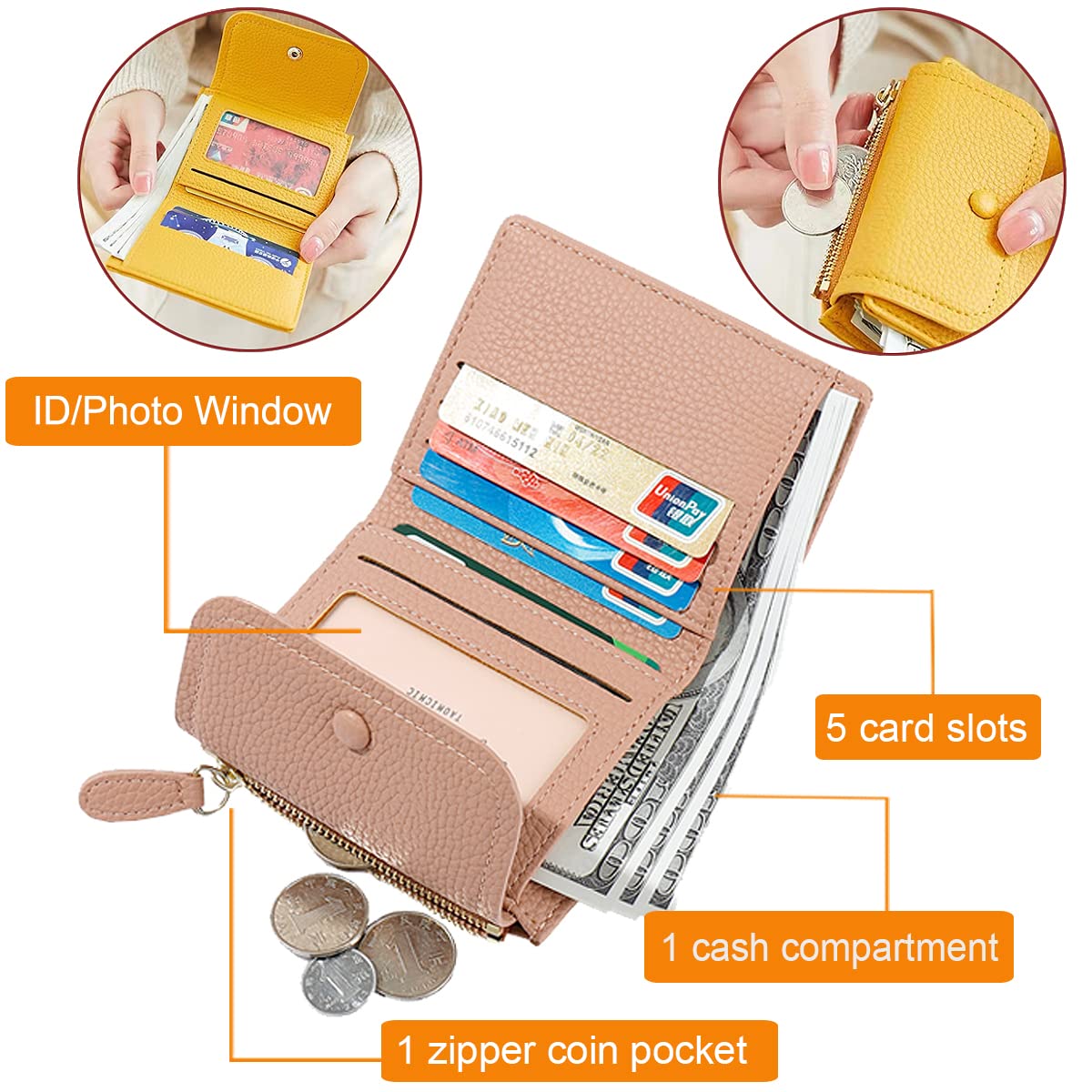 Sunwel Fashion Women's Small Zipper Bifold Wallet Card Holder ID Window Purse Zip Coin Pouch for Ladies