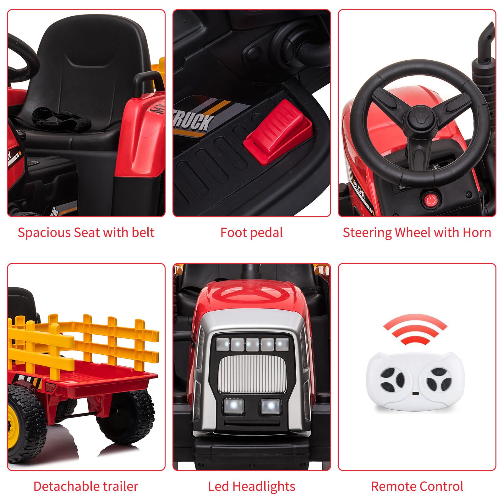 Nasitip 12V Kids Battery Powered Electric Tractor with Trailer, Toddler Ride On Car w/Remote Control, 7-LED Headlights, 2+1 Gear Shift, MP3 Player USB Port for Kids 3-6 Years (Red, 35W/ EVA Tire)