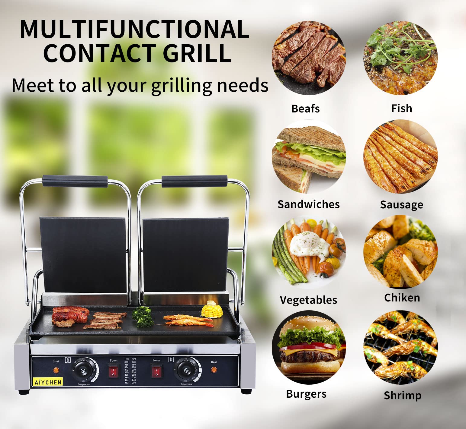 Commercial Panini Press Sandwich Maker 110V 3600W Non-Stick Full Grooved Plates Double Electric Stainless Steel Sandwich Maker for Hamburgers Steaks Bacons (Commercial Plain Press)