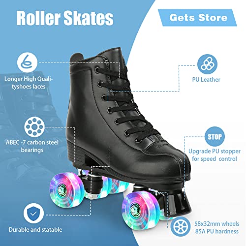 Gets Womens Roller Skates Light Up Wheels, Artificial Leather Adjustable Double Row 4 Wheels Roller Skates Shiny Skates for Teens,Adult (Flash Wheel,39-US: 7.5)