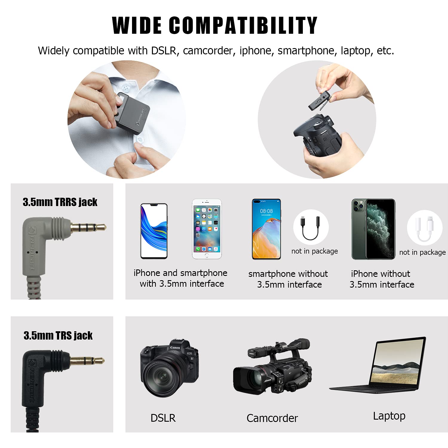 RELACART Mi1 Wireless Lavalier Microphone, 2.4G Wireless Lapel Mic System with 1 Transmitter and 1 Receiver Compatible with DSLR Camera, Camcorder, Smartphone for Vlogging, Streaming, YouTube