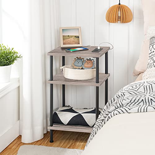 HOOBRO Set of 2 Side Tables with Charging Station and USB Ports, 3-Layer Stackable Nightstands, End Tables for Small Spaces in Bedroom, Living Room, Industrial Style, Greige and Black BG10UBZP201