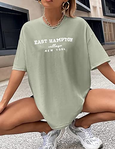 Lauweion Women Drop Shoulder East Hampton Letter T-Shirt Oversized Graphic Baggy Trendy Tee Shirt Top Green