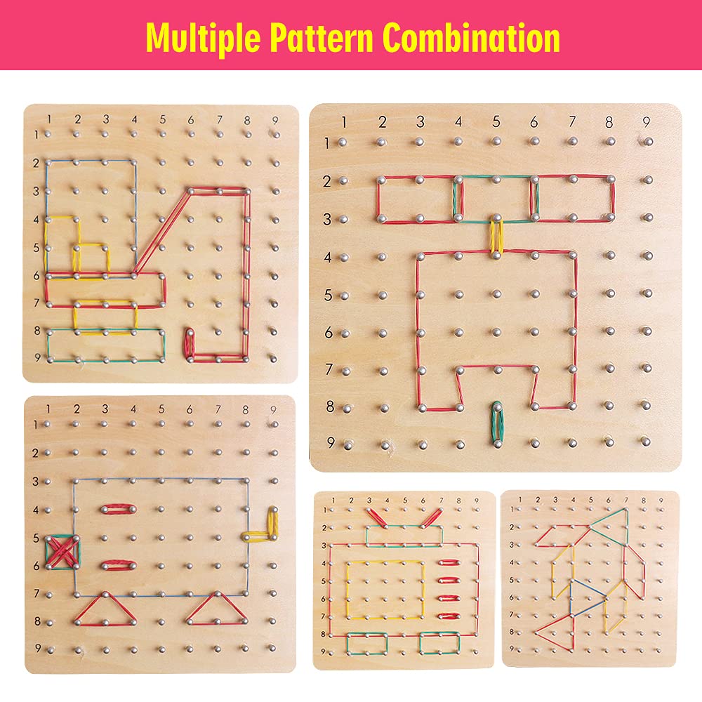 Skrtuan Wooden Geoboard with Rubber Bands, Montessori Educational Toy for Kids, Pattern Block Geo Board with Pattern Cards and Rubber Bands Create to Figures Shape STEM Puzzle Matrix Brain Teaser