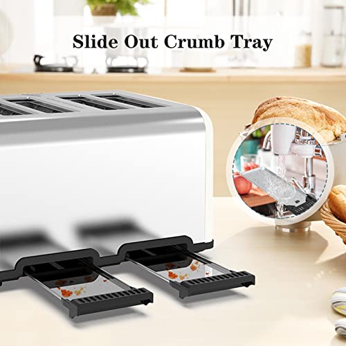 Toaster 4 Slice,1.5"Extra Wide Slot Stainless Toaster with Bagel Defrost Cancel Function, Dual Screen, Removal Crumb Tray (White)
