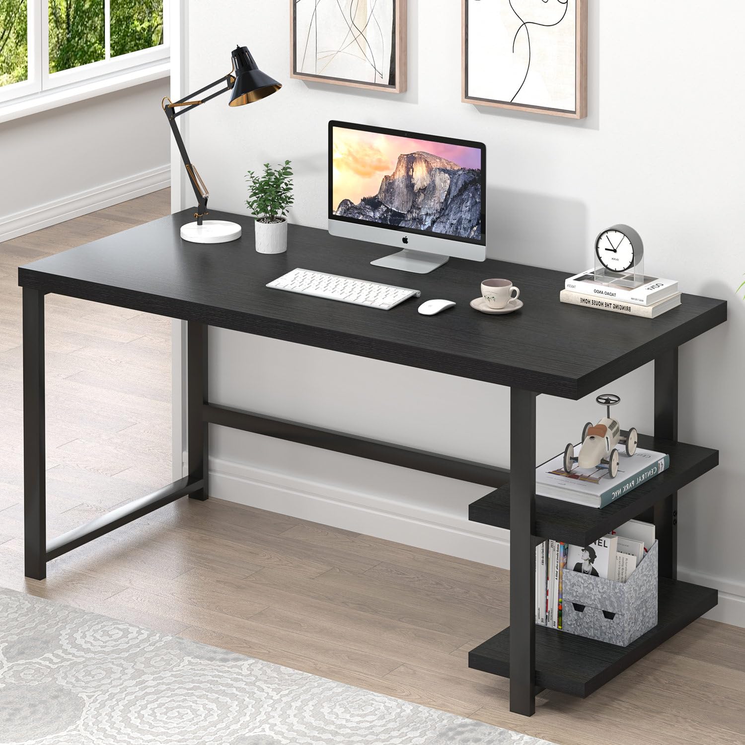 EXCEFUR Industrial Computer Desk, Home Office Desk with Storage Shelves, Wood Study Writing Table for Bedroom, Living Room, Grey, 53 Inch