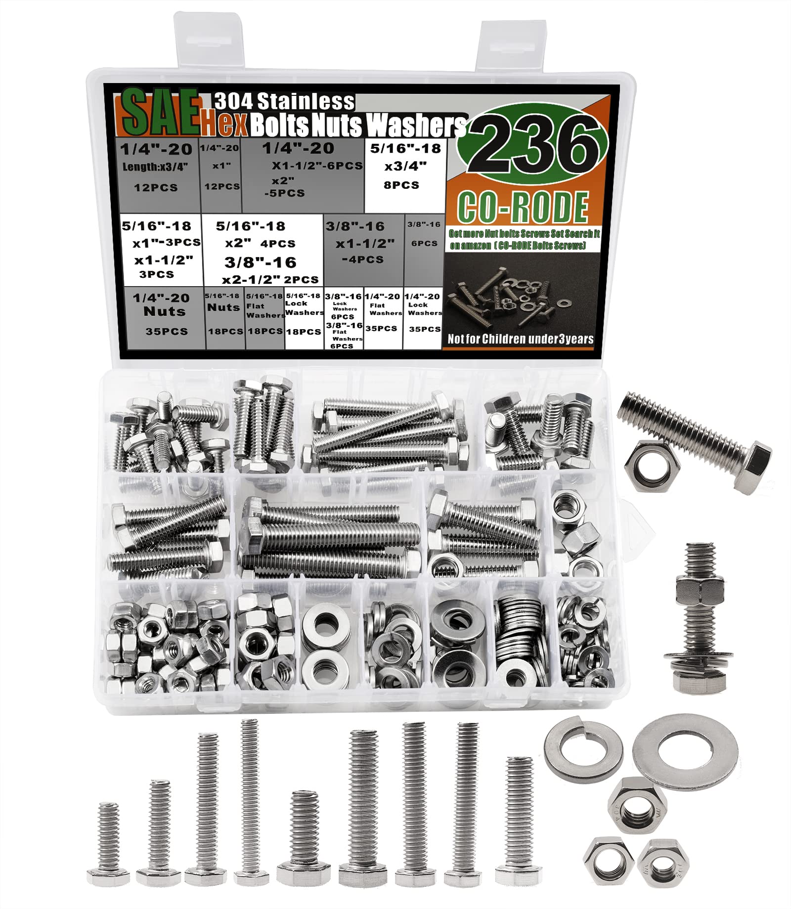 CO-RODE 236PCS 1/4-20, 5/16-18, 3/8-16 Heavy Duty Bolts and Nuts Assortment Kit,SAE Flat Washers, Lock Washers,304 Stainless Steel,10 Most Common Sizes