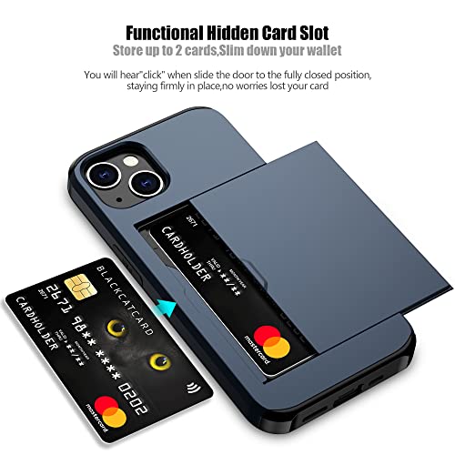 Nvollnoe for iPhone 14 Case with Card Holder Heavy Duty Protective Dual Layer Shockproof Hidden Card Slot Slim Wallet Case for iPhone 14 for Women&Men(Blue)