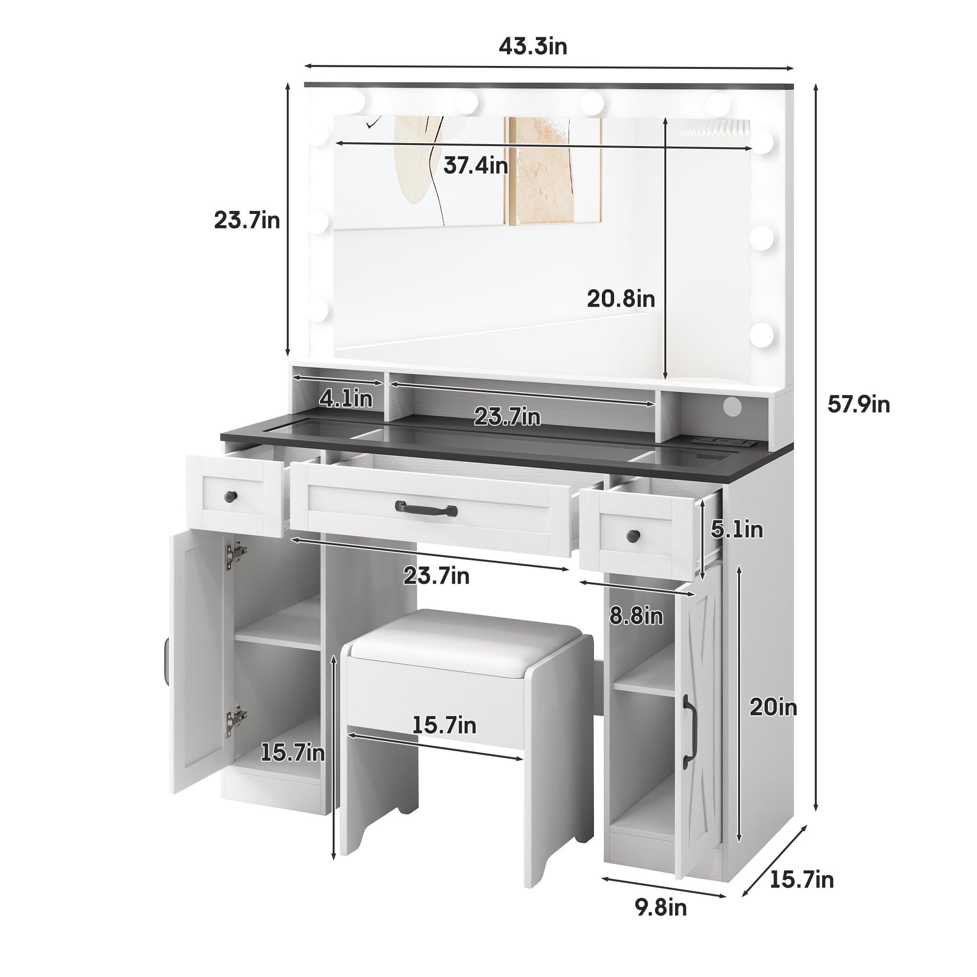 Vabches Vanity Desk with Mirror and Lights,Glass Top,Makeup Vanity Table Set with Stool,Charging Station and 3 Lighting Modes,2 Cabinets 4 Drawers Dressing Table,White