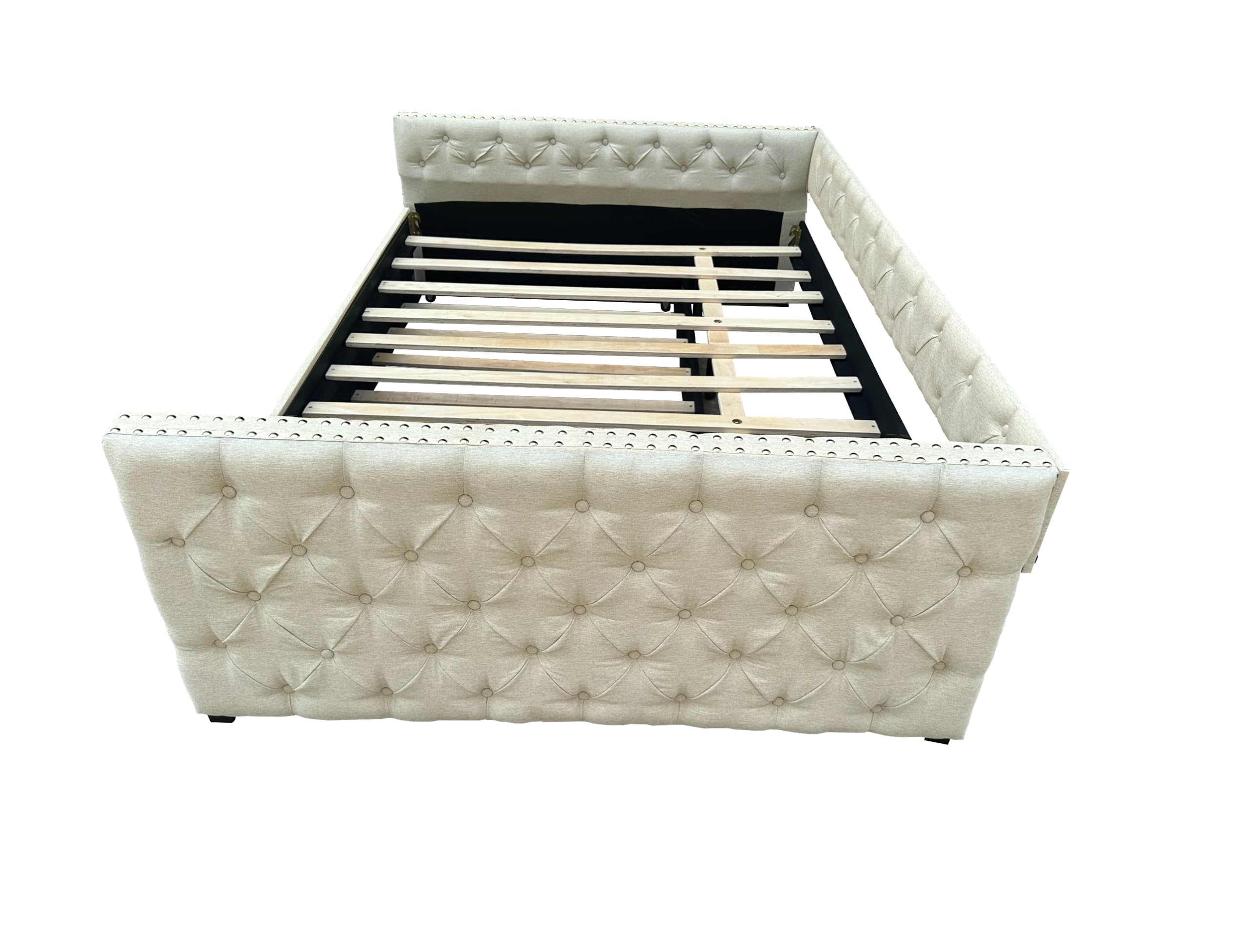 DNYN Upholstered Full Size Daybed with Trundle, Extendable Bedframe w/Put Out Bed Design & Button & Copper Nail,No Box Spring Needed,for Small Space, Beige