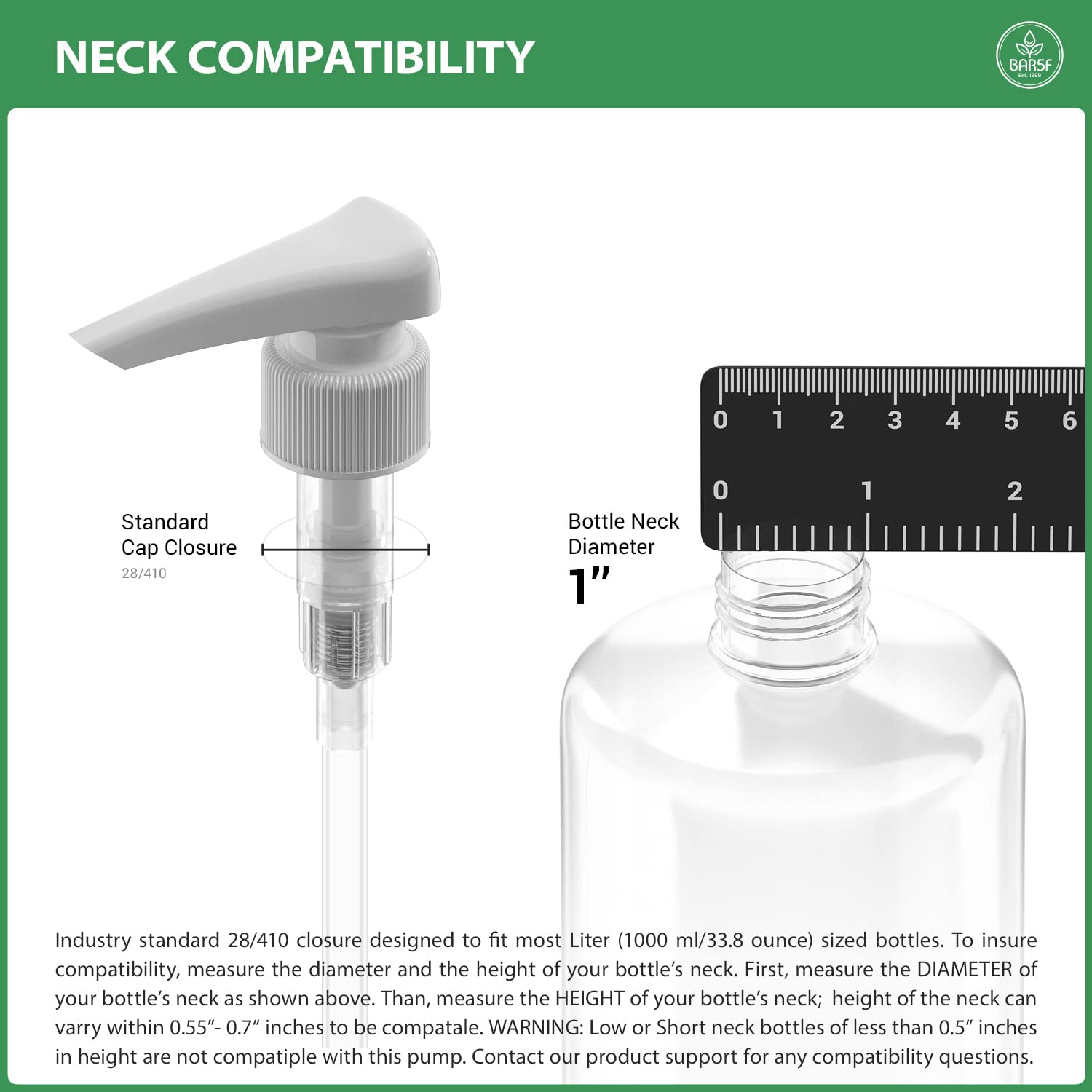 Bar5F Dispensing Pump, Fits 1" Inch Bottle Necks, for 16 oz - 32 oz Containers, Shampoo, Conditioner, Lotion, etc, Pack of 1, White