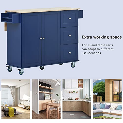 FEELLE Rolling Mobile Kitchen Island with Drop Leaf - Solid Wood Top, Locking Wheels & Storage Cabinet 52.7 Inch Width(Dark Blue)