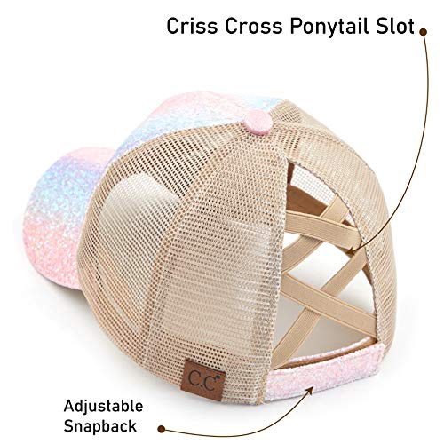 C.C Exclusives Washed Distressed Cotton Denim Criss-Cross Ponytail Hat Baseball Cap Bundle Hair Tie (BT-780)(BT-791) (A Elastic Band-Crystal Ombre Unicon)