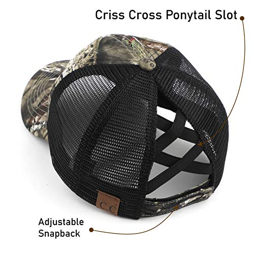 C.C Exclusives Washed Distressed Cotton Denim Criss-Cross Ponytail Hat Baseball Cap Bundle Hair Tie (BT-780)(BT-791) (A Elastic Band-mossyoak)
