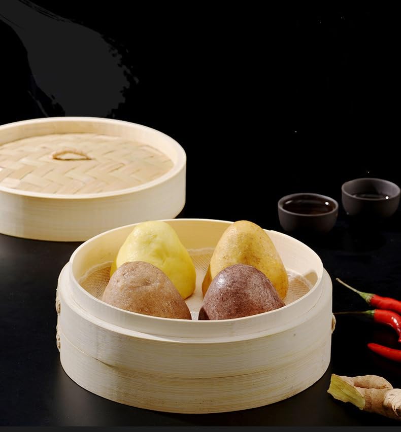 Florauspicious Bamboo Steamer Handmade Basket, Traditional 2-Tier Design - for Dumplings, Rice, Dim Sum, Vegetables, Fish and Meat - Incl. 2 Cotton Cloths (6-Inch)