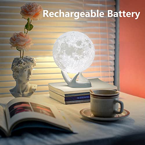 BRIGHTWORLD Moon Lamp, 3D Printing Moon Light 4.7 inch Night Light for Kids Gift for Girls Boys Women, Touch Control USB Rechargeable Brightness Adjustable Warm & Cool White Color (White Hand Stand)