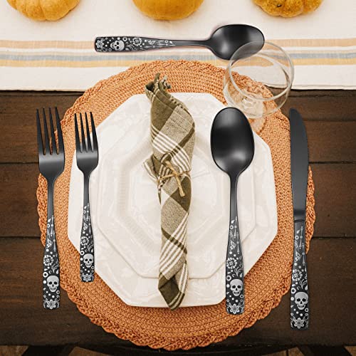 OIULO Pattern Matte Silverware Set for 8,40-Piece Gothic Matte Black Flatware set,Unique Pattern Design,Satin Finish Cutlery for 8,Halloween Skull Tableware Utensils for Kitchen Square