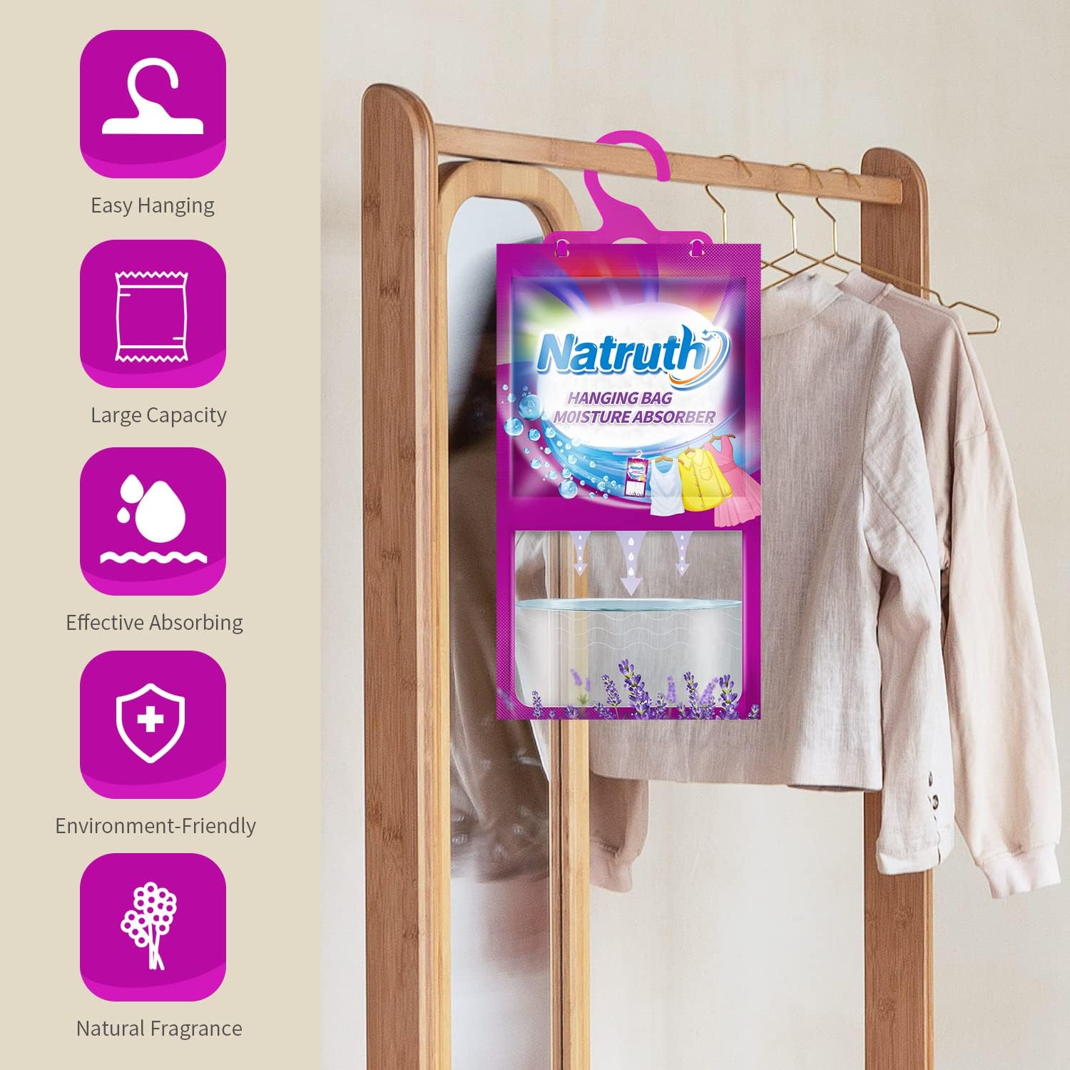 NATRUTH 8-PACK Moisture Absorber Bags With Lavender,Desiccant Hanging Bag Use for Kitchen Bathroom Wardrobe, Eliminates Odors,Odor Absorber Humidity Packs, Hanging Closet Dehumidifier Bags for Closet