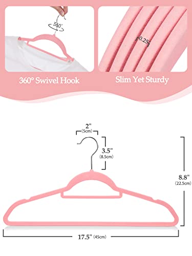 HOUSE DAY Velvet Hangers with Tie Bar 20 Pack Pink, Clothes Hangers Non-Slip, Space Saving Felt Hangers for Pants, Coat, Suits, Shirt, Scarf, No Hanger Marks