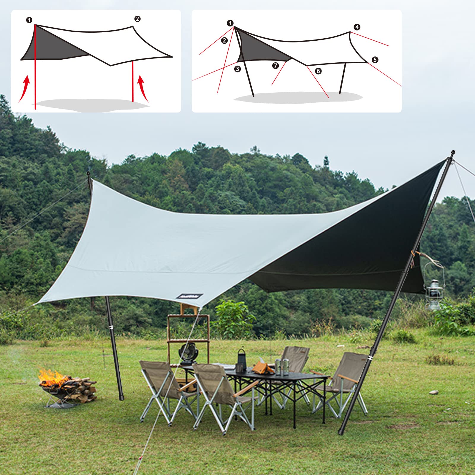 BLIKA Telescoping Tarp Poles | Adjustable Tent Poles for Tarp Set of 2 | Portable & Lightweight Aluminum Tent Poles Replacement, Up to 8FT
