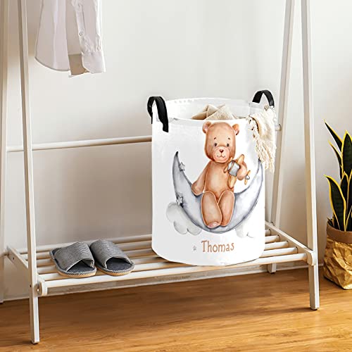 Bear Sits on Moon Personalized Laundry Hamper,Custom Name Collapsible Waterproof Laundry Basket Storage Bins with Handle for Clothes,Toy,Nursery