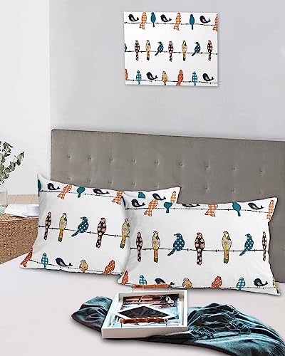 Edwiinsa Orange Teal Plaid Pillow Covers Standard Size Set of 2 20x26 Bed Pillow, Rustic Turquoise Spring Floral Birds Plush Soft Comfort for Hair/Skin Cooling Pillowcases with Envelop Closure