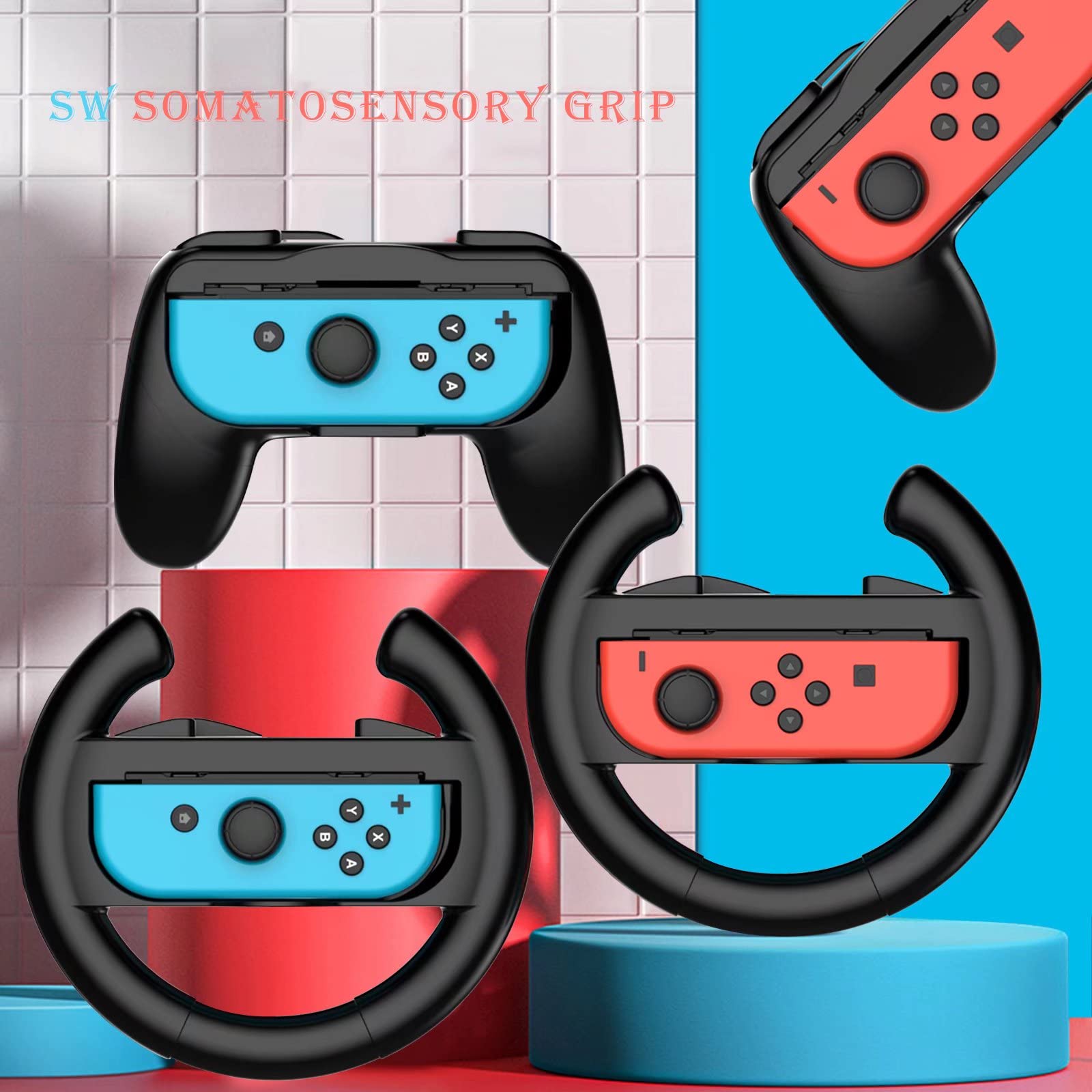 BEBOKI Steering Wheel Controller for Nintendo Switch & Switch OLED Model (2021) 4 Pack Joy-Con Controller Hand Grip and Steering Wheel for Mario Kart, (Black)