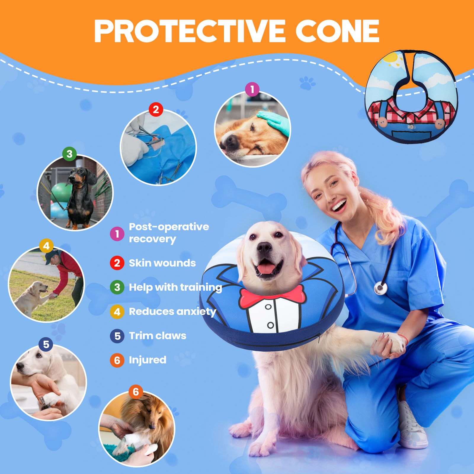 Dog Cone Collar, Adjustable Soft Dog Cone,Comfy Inflatable Dog Collars for After Surgery,Alternative to Cone of Shame,Dual-Sided Pattern Donut Collar for Small Medium Large Dogs,Not Block Vision(L)