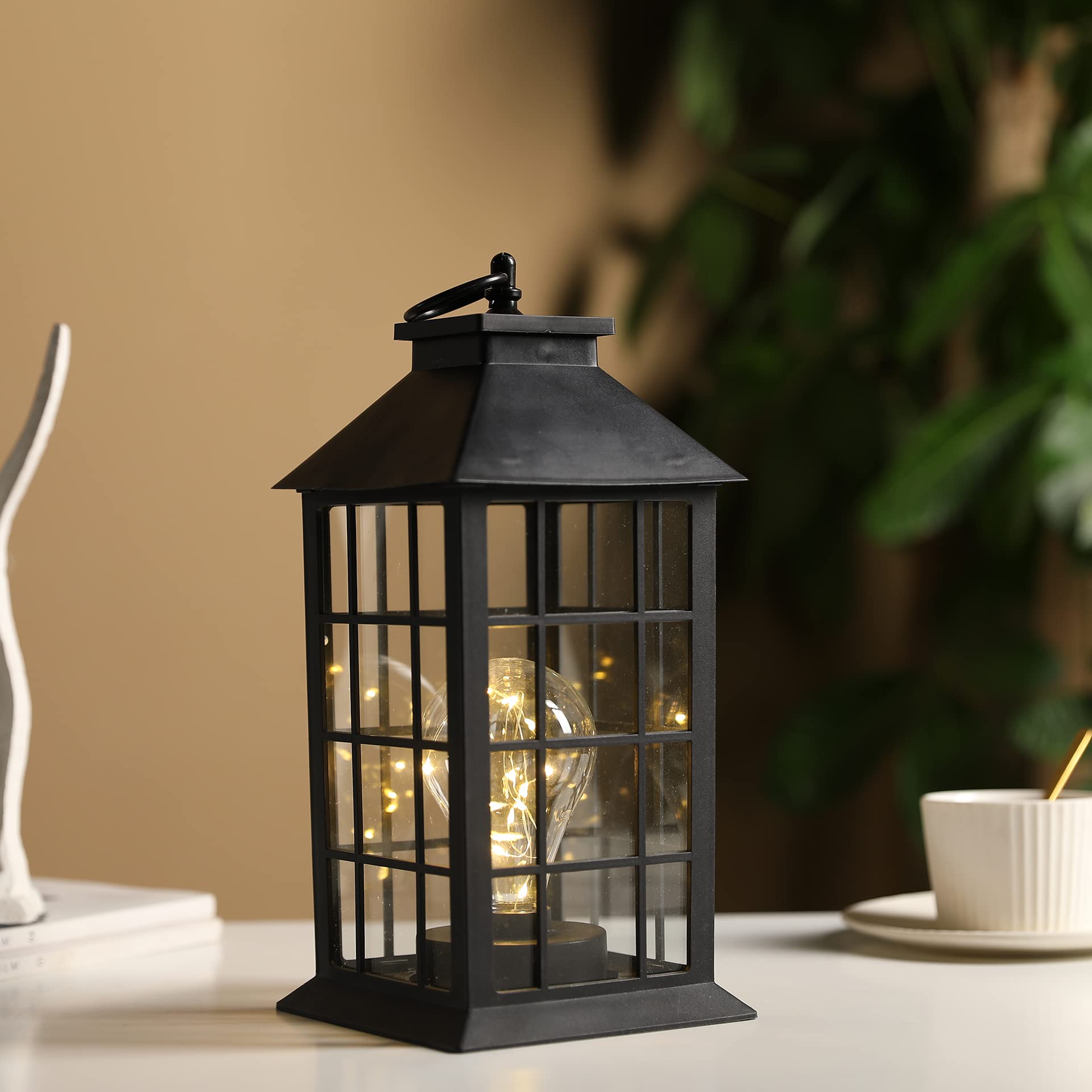 JHY DESIGN Waterproof Decorative Hanging Lantern 12''High Plastic Lantern Holder Battery Powered with LED Bulb and 6H Timer Lights for Balcony Garden Hallway Entryway Indoor Outdoor(Square Stripe)