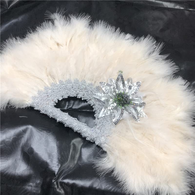 Big Size Design African White Feather Fan Ladies Wedding Feather Fan for Bride Double Side Feather Nigerian Flower Handfan - (Color: 12)