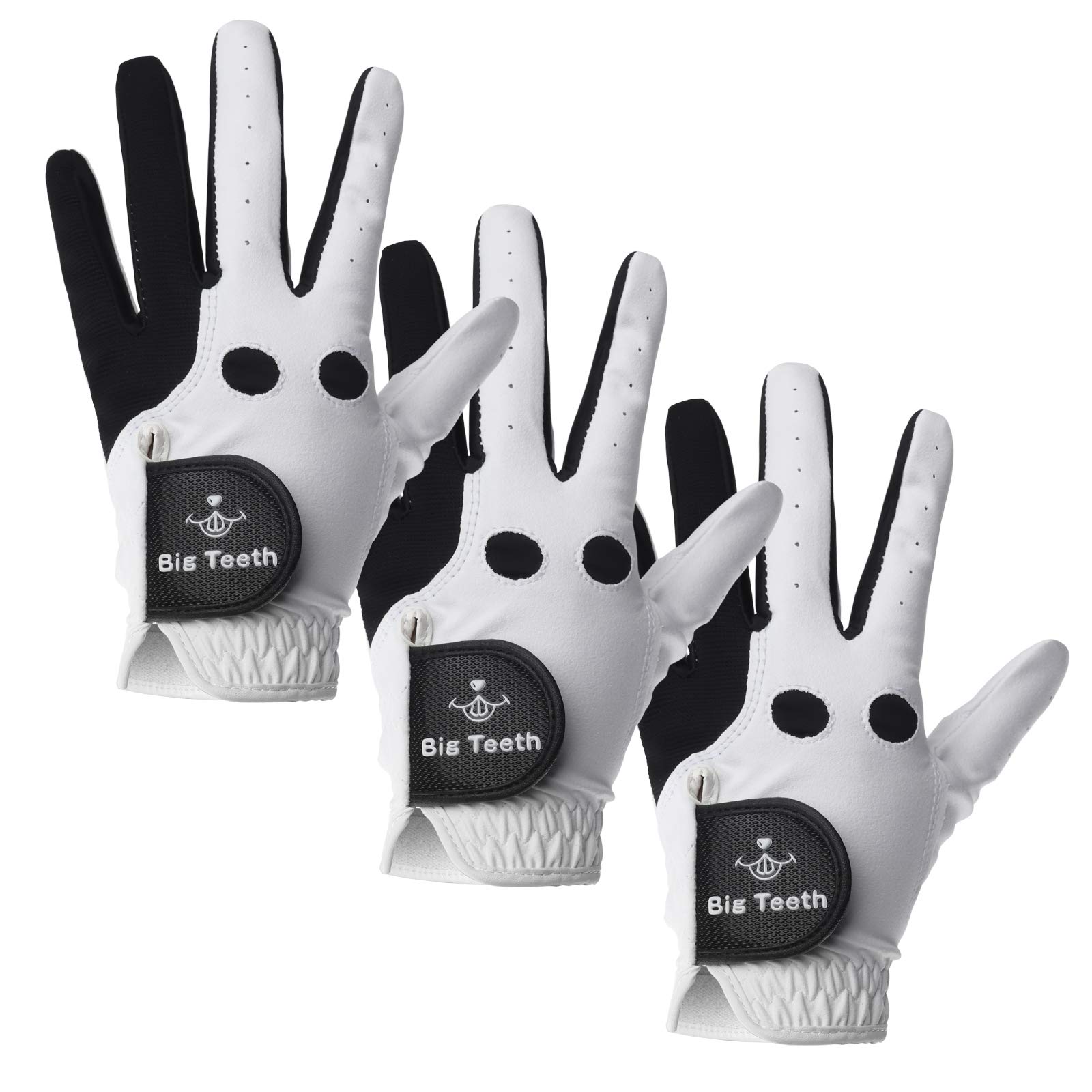 BIG TEETH Men’s Golf Gloves Men Left Hand Pack of 3Pcs Worn Right Handed Golfer,White Black Microfiber Soft Golf Gloves, Fit Size S M ML L XL (Medium, Left)
