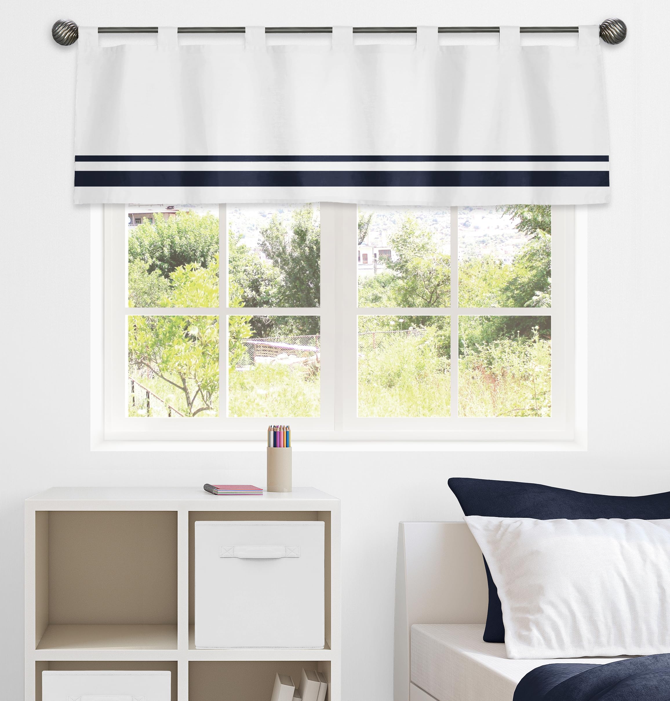Sweet Jojo Designs White and Navy Hotel Modern Window Valance