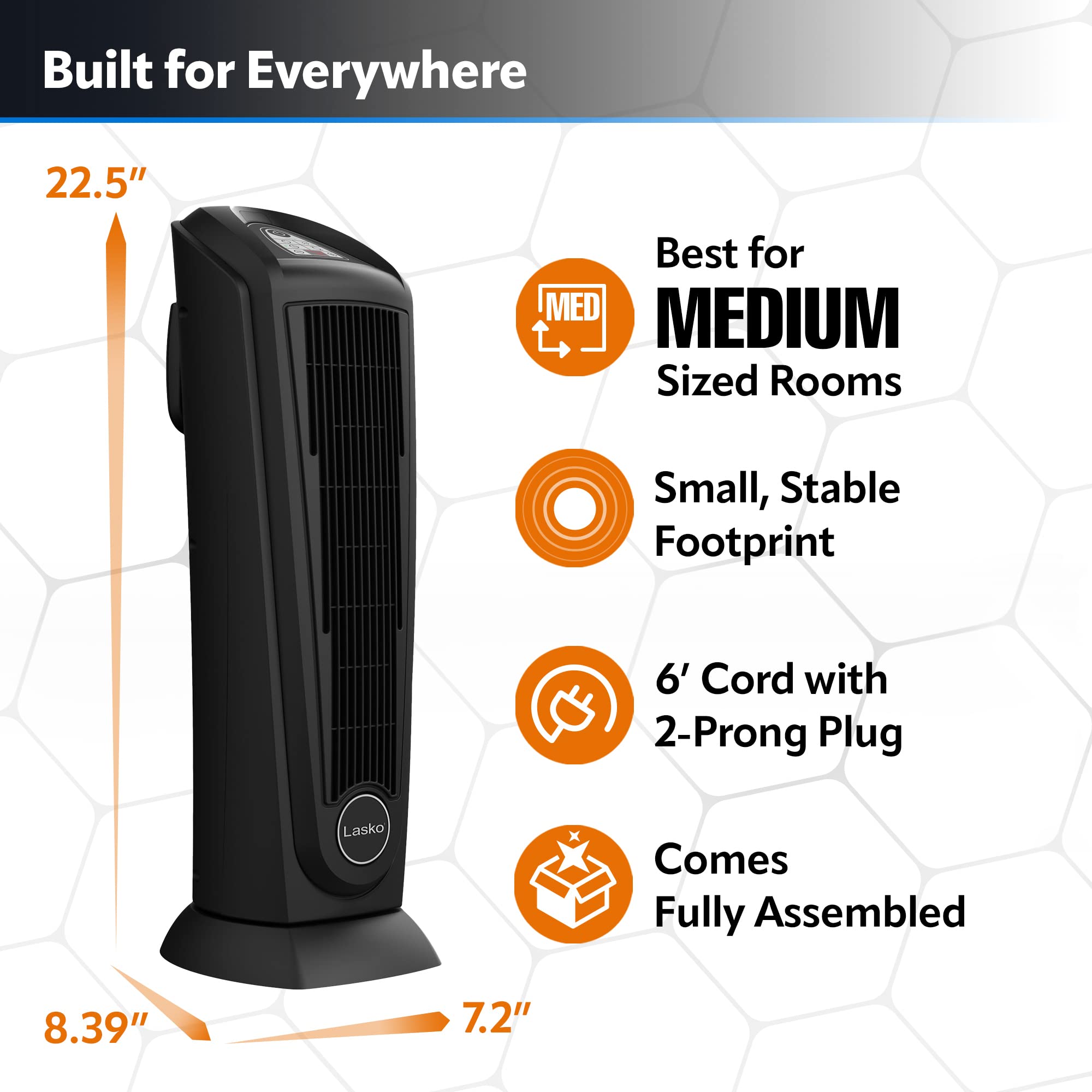 Lasko Portable Oscillating Indoor Electric Ceramic Tower Space Heater with Tip-Over Safety Switch, Overheat Protection, Timer and Remote Control, Safe for Home, 22.5 Inches,1500W, 751321, Black