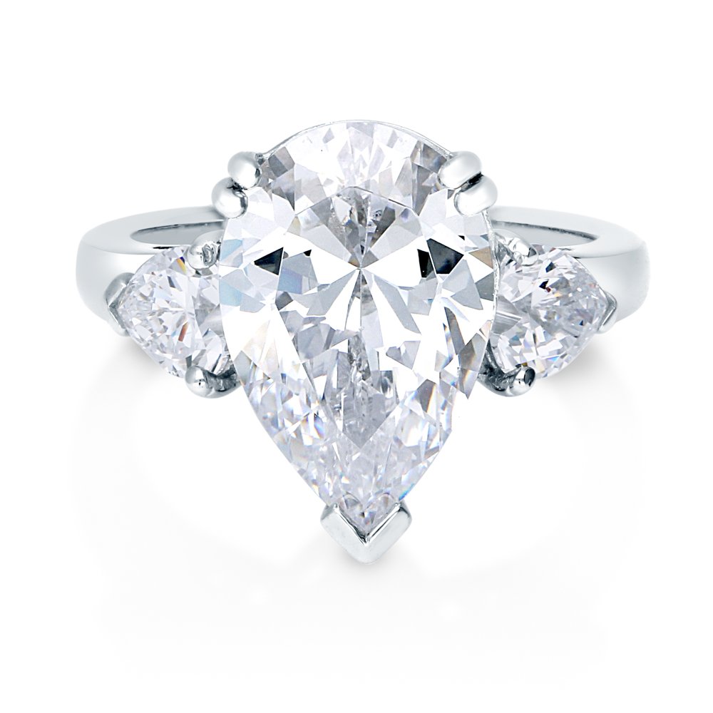BERRICLE Sterling Silver 3-Stone Wedding Engagement Rings Pear Cut Cubic Zirconia CZ Statement Cocktail Anniversary Ring for Women, Rhodium Plated Size 6.5