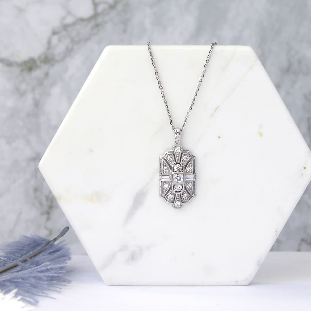 BERRICLE Sterling Silver Art Deco Cubic Zirconia CZ Milgrain Pendant Necklace for Women, Rhodium Plated