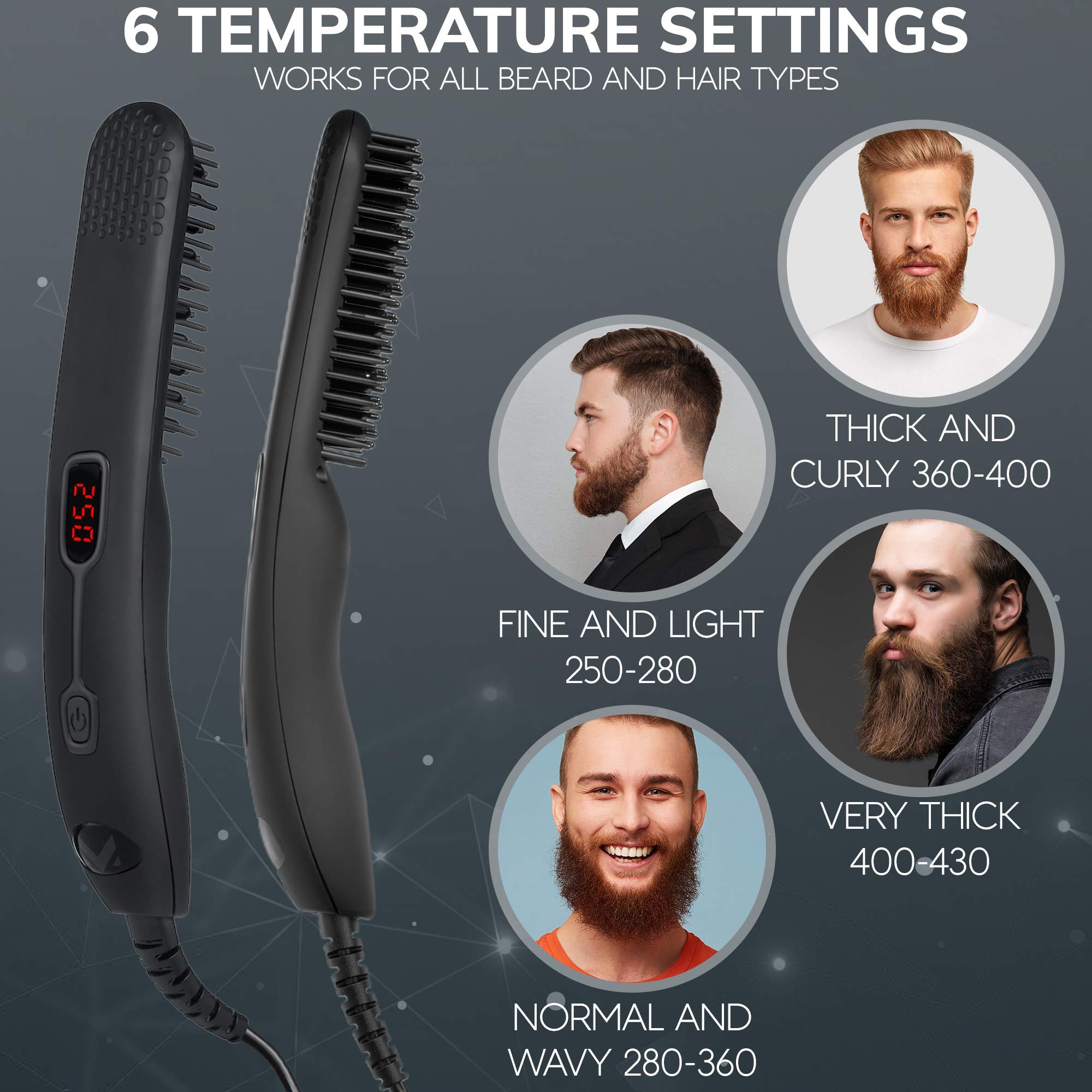 Beard Straightener Comb for Men - Upgraded Professional Beard Straightner Brush with LCD Display, 6 Heat Settings - Includes Travel Case, Wood Comb, Scissors and Ebook - Mens Beard Straightener