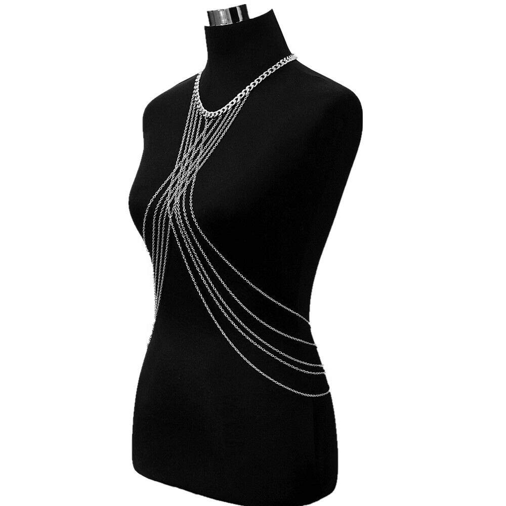 Bounzhi Harness Body Chain Bra Crossover Sexy Body Jewelry Bikini Chains Necklace for Women(Silver)