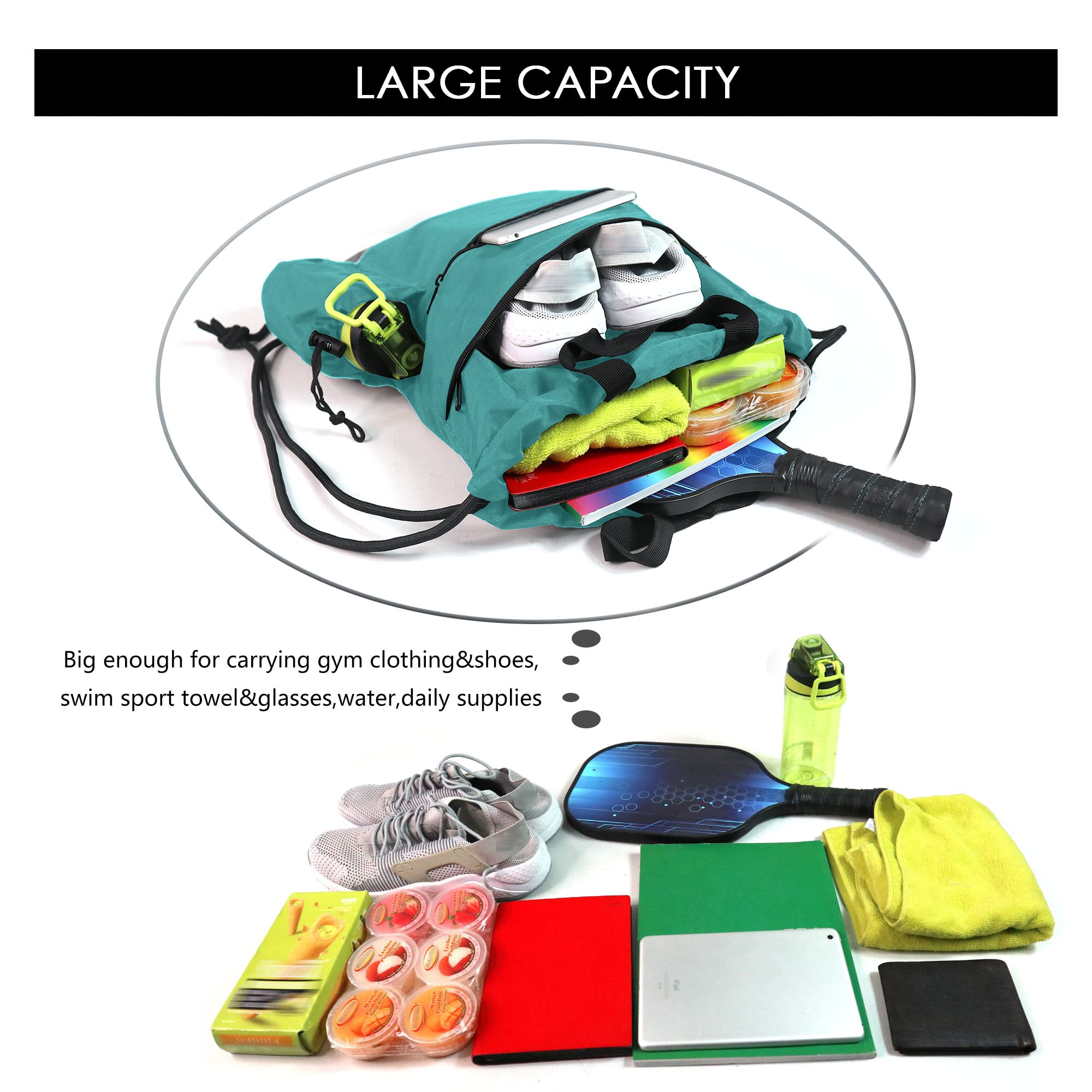 BeeGreen Gym Backpack Sports Bag String Bag Drawstring Backpack w 2 Zipper Pockets Cinch Draw String Back Sack for Men Women w Pouch Cute Workout Bag Sinch Sack Washable Sturdy