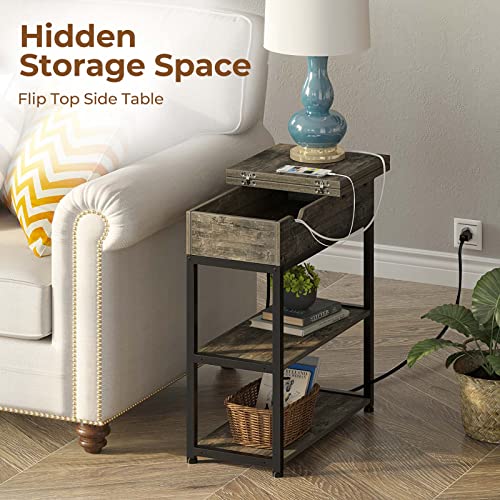 Rolanstar End Table with Charging Station, Narrow Nightstand, Flip Top Side Table with USB Ports and Storage Shelves for Small Spaces, Living Room, Bedroom, Grey