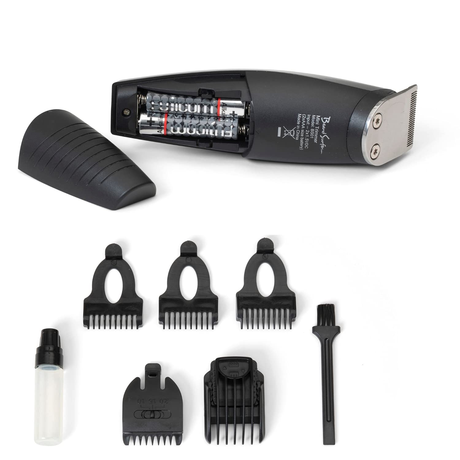 Beard Surfer Facial Hair Trimmer for Men Travel Beard Mustache Kit Compact Mini Size Shaver AAA Battery Operated Grooming Set Black Matte Color
