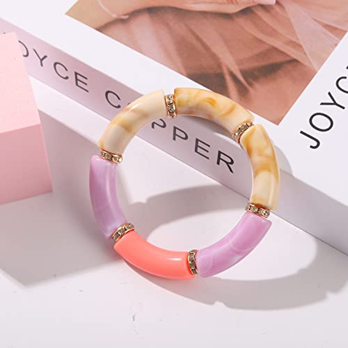 Bamboo Tube Bracelet Chunky Bangle Gold Stacking Bangles Acrylic Clear Stretchable Colorful Beads Friendship Bracelets Gift For Women (colorful rainbow)