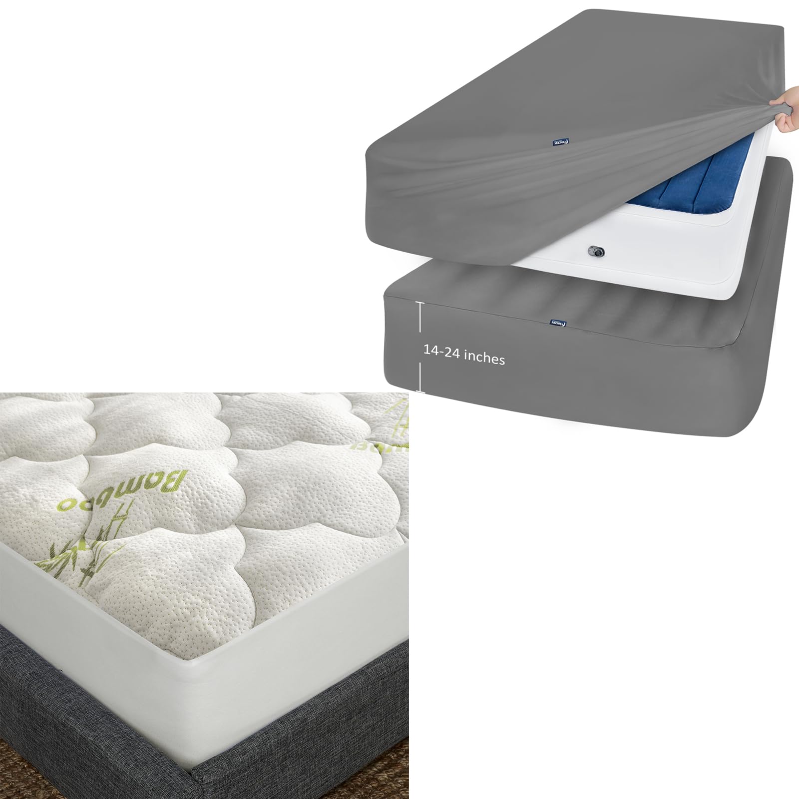 Extra Deep Pocket Queen Fitted Sheets & Mattress Pad Cover, Cooling Quilted Mattress Topper fits 16-24 Inches Deep Mattresses