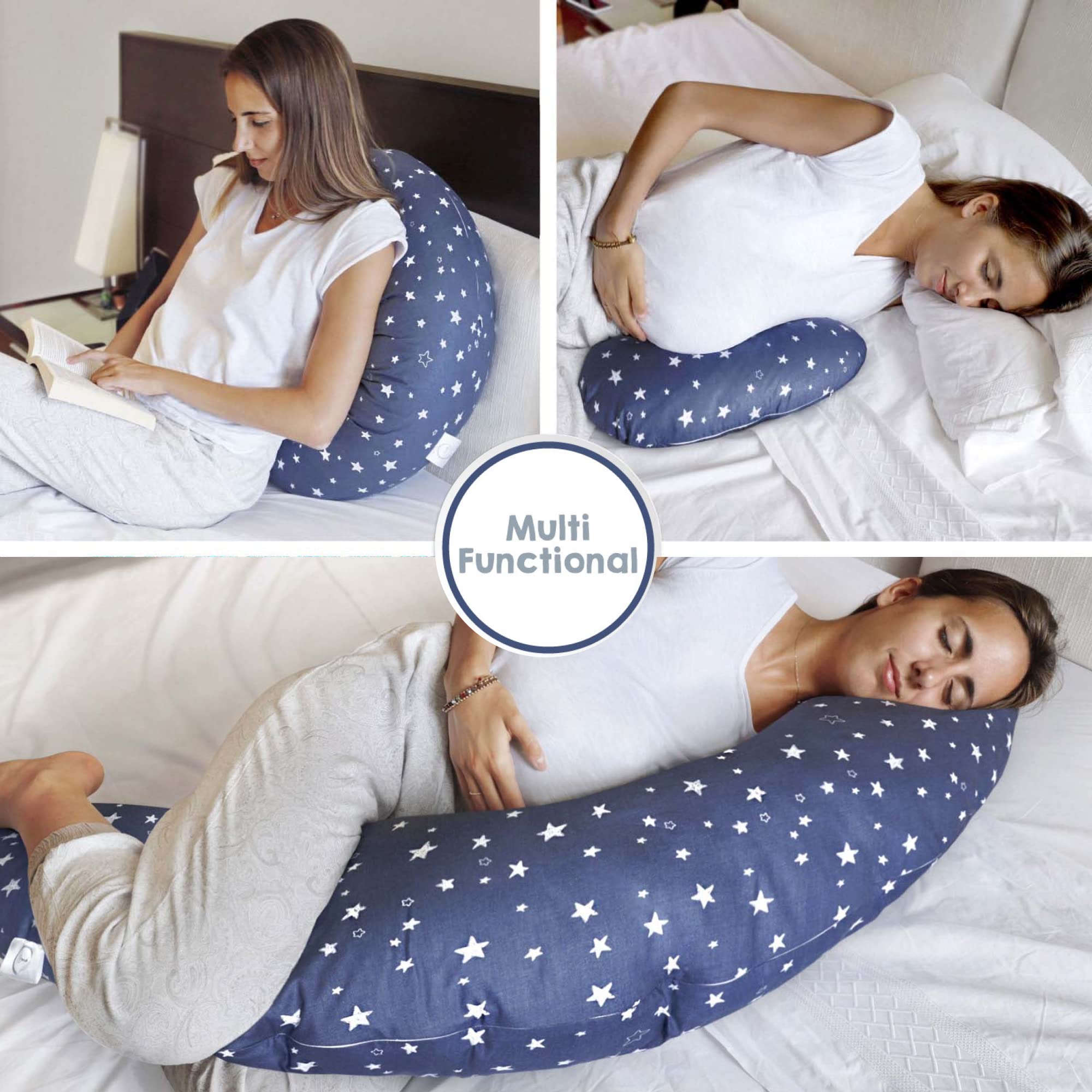 Bamibi® Pregnancy Pillow - Full Body Support Maternity Pillow for Sleeping – Providing Support for Adults and Pregnant Women Back, HIPS, Legs & Belly - Removable 100% Cotton Cover (Stars)