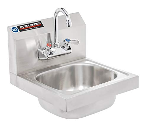 DuraSteel Stainless Steel Sink - NSF Commercial Wall Mount Kitchen Sink - Small Hand Sink with 12" x 10" x 5.5"D Wash Basin - With Sink Strainer and Faucet - For Laundry, Restaurants, Bars, and More