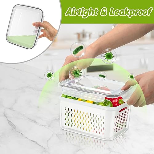 ODOMU 3 Pack Fridge Berry Storage Container with Lids with Strainer, Plastic Fresh Produce Saver Keeper for Vegetable Fruit Meat Lettuce, BPA Free Kitchen Refrigerator Organization (3.15L+1.7L+0.8L)