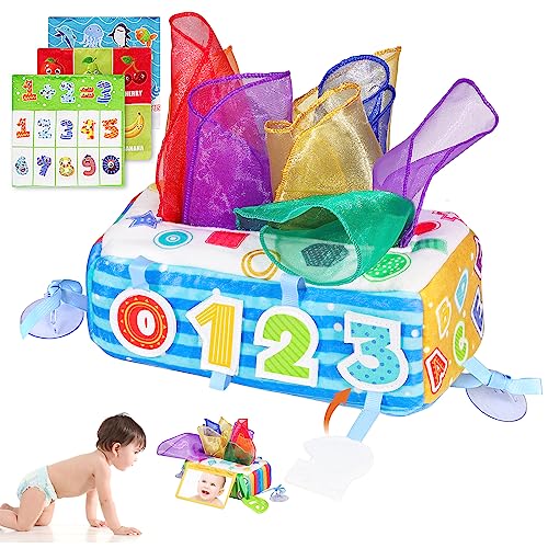 VPOJOY Baby Tissue Box Toy, Soft Montessori Magic Tissue Box Baby Toys 6 to 12 Months, High Contrast Crinkle Paper Sensory Silk Scarves Toys for 1 Year Old Boys Girls Kids Early Learning Gifts