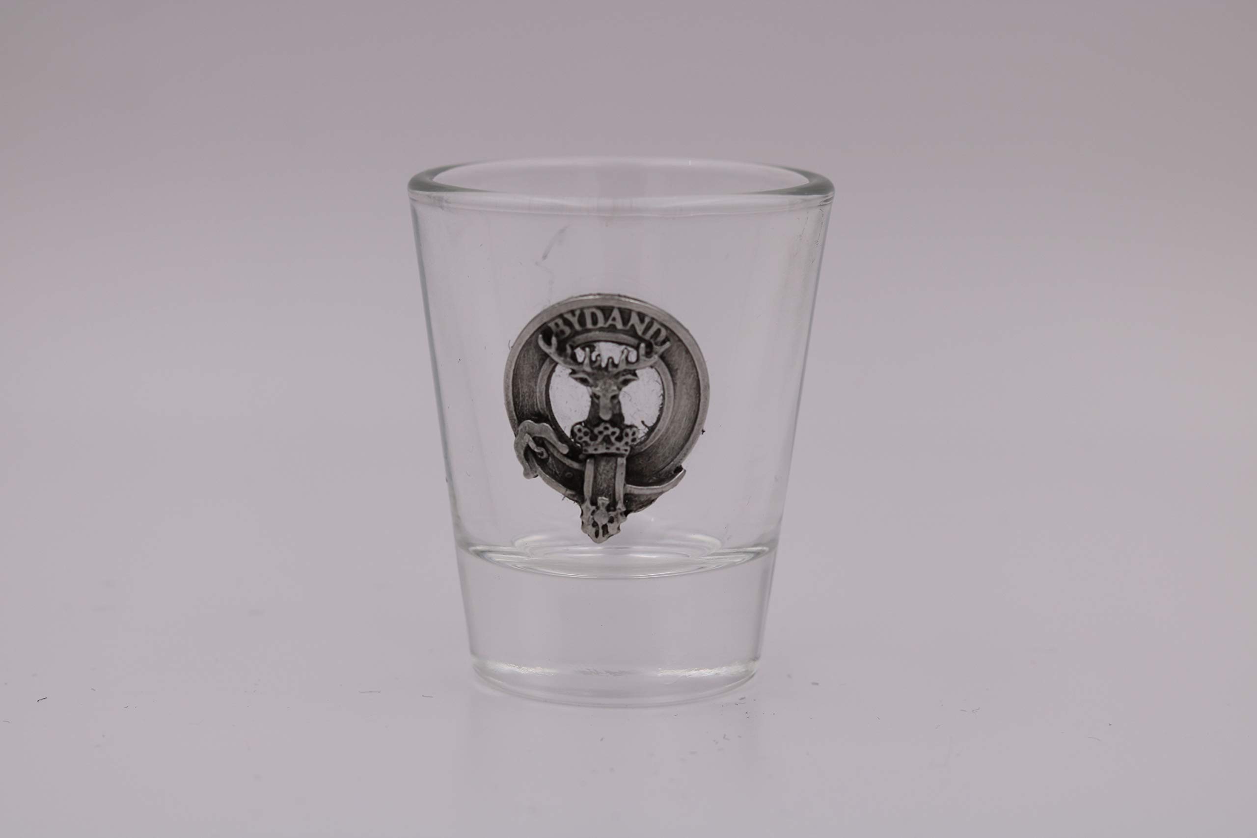 Clan Crest Shot Glass Gordon, 1.5 ounce Whiskey shot glass with 3/4 inch pewter clan crest