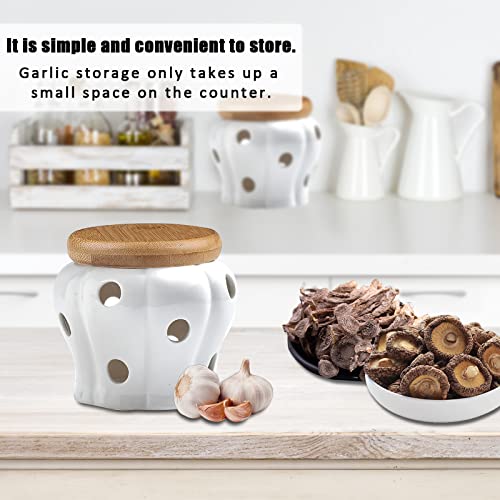 MEKBOK Garlic Keeper,Garlic Keeper for Counter,White Ventilated Garlic Container,Ceramic Garlic Storage Container with Bamboo Lid